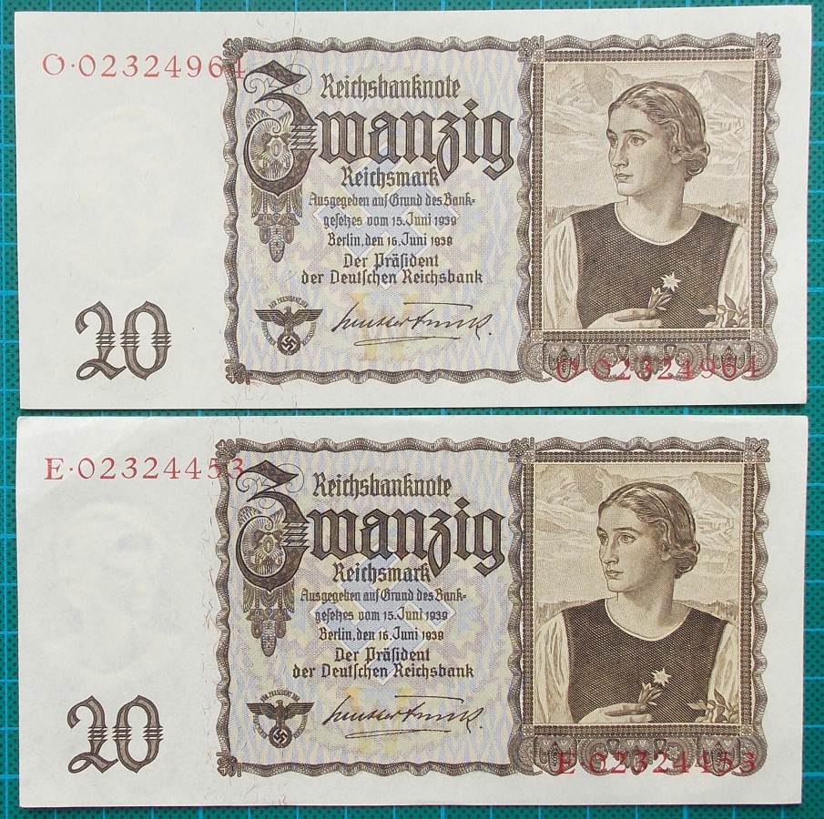 1939 REICHSBANKNOTE 20 REICHSMARK PAIR